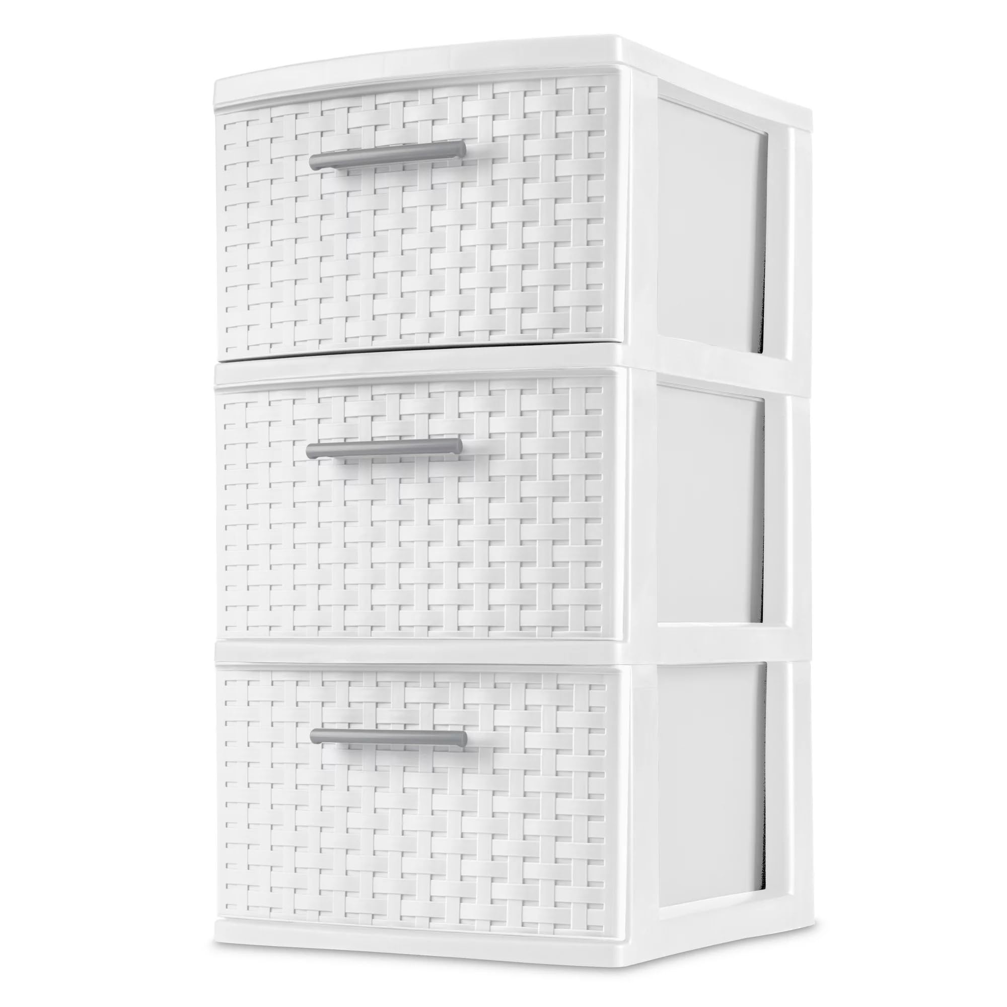 3-Drawer Wide Weave Design Storage Tower, White Frame & Drawers w/Driftwood Handles, Brown, Case of 1 (White)