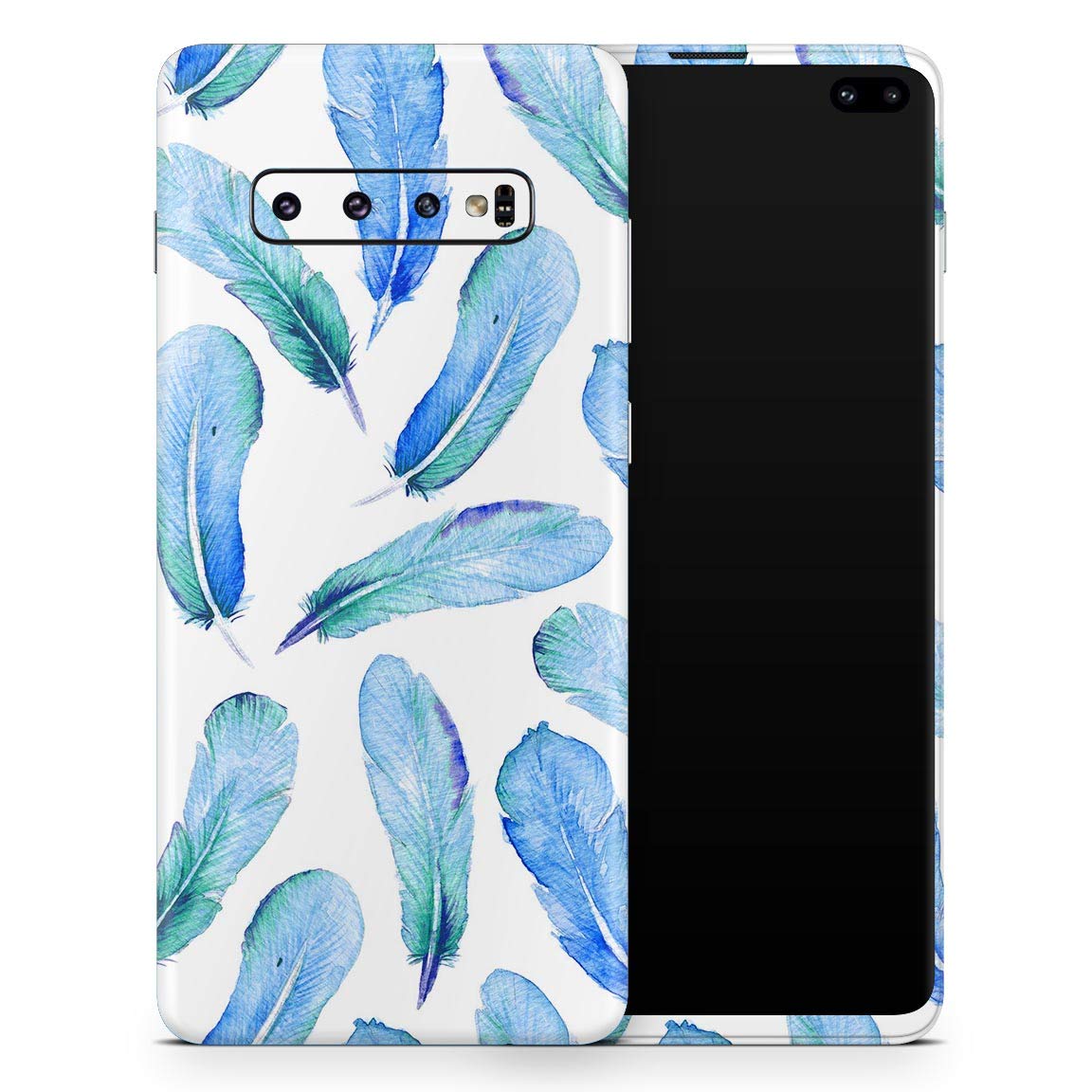 DesignSkinz Blue Watercolor Feather Pattern Protective Vinyl Decal Wrap Skin Cover Compatible with The Samsung Galaxy S20 (Screen Trim & Back Glass Skin)