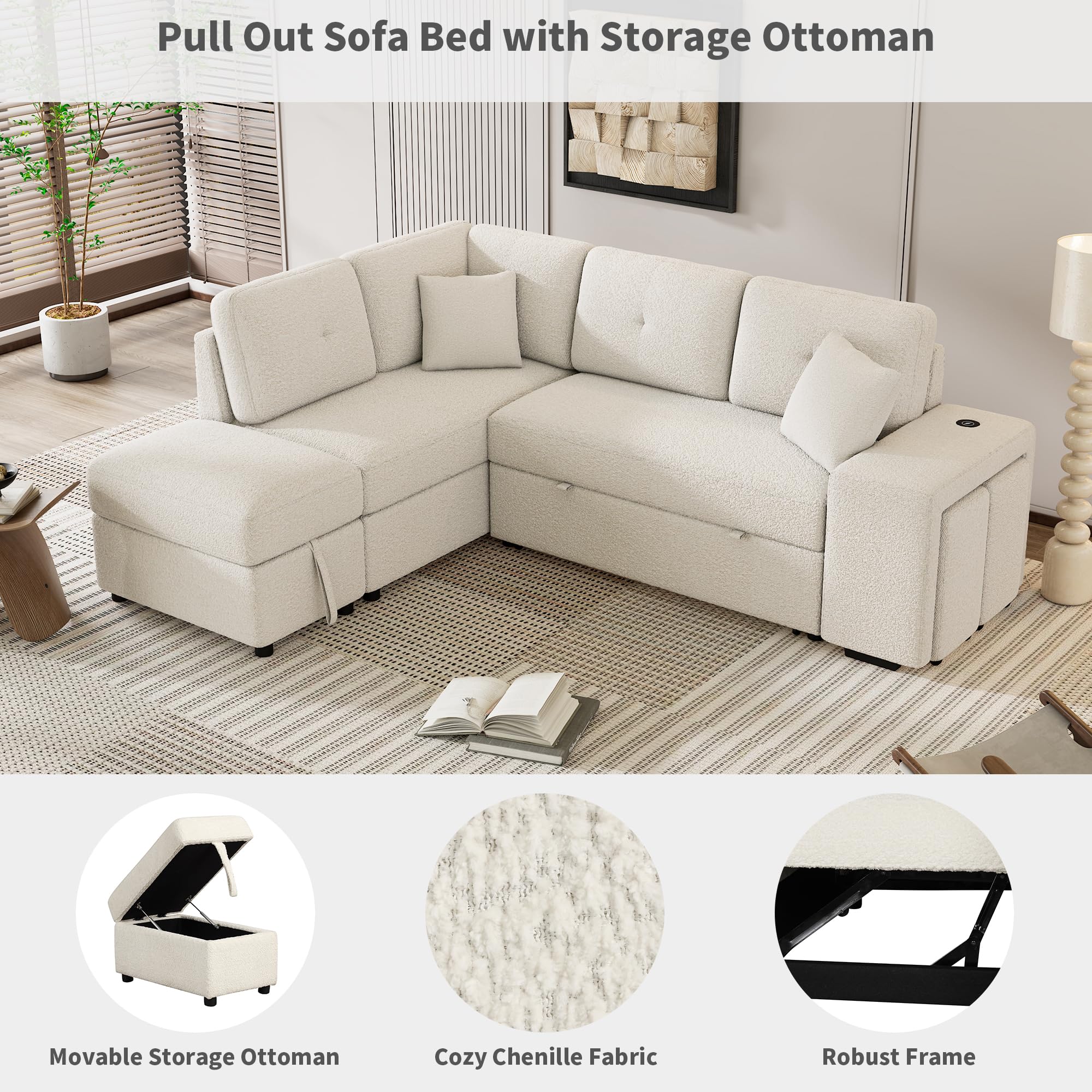 mikibama 88" Convertible Sleeper Sectional Pull Out Sofa Bed with Storage Ottoman, 2 Stools, Wireless Charger and 2 Hidden USB Ports, 4 Seat L Shape Couch for Living Room, Apartment, Cream