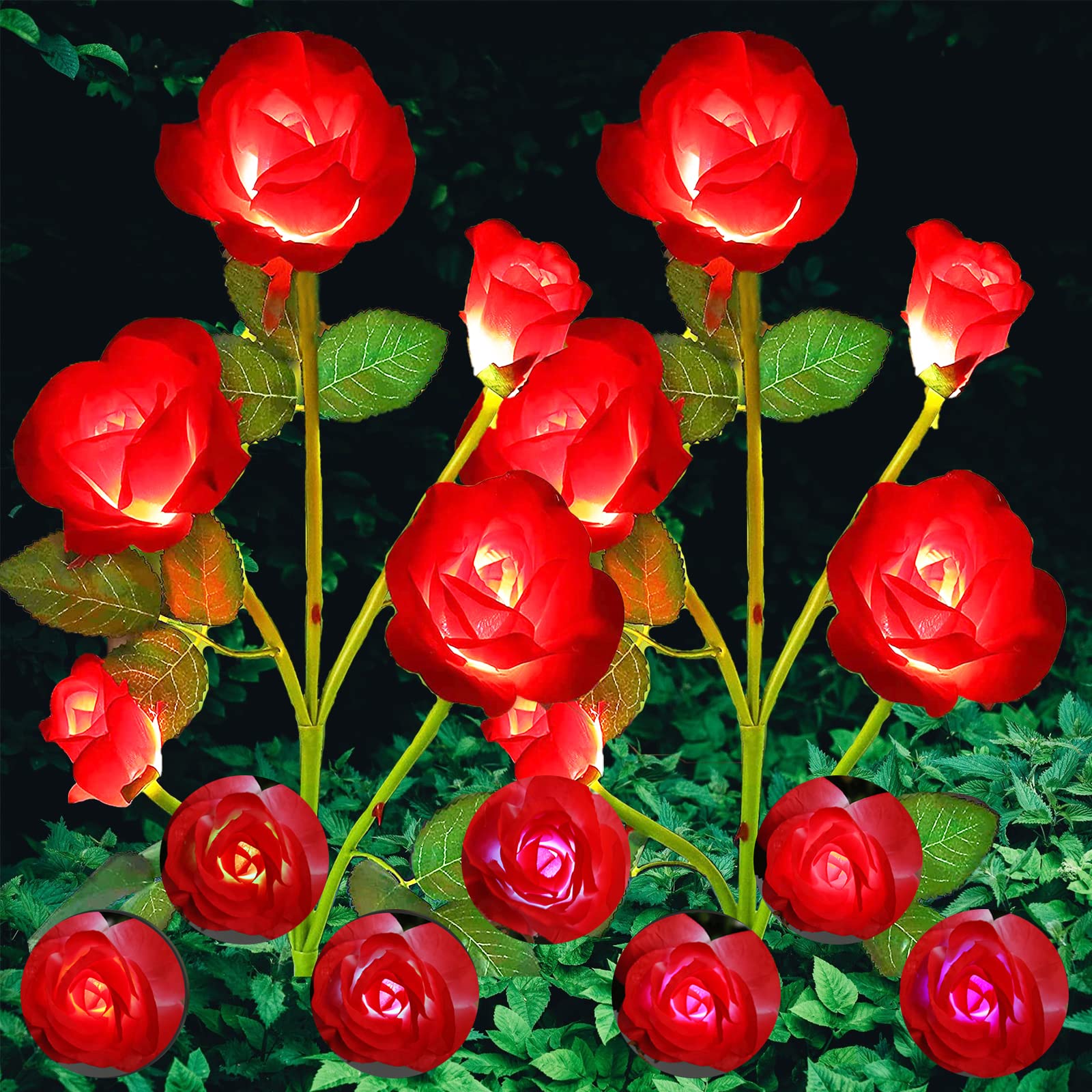 ANGMLN 2 Pack Solar Garden Lights, Solar Flower Lights Outdoor Waterproof with 10 Head Red Rose 7-Color Changing Landscape Lights for Pathway Garden Patio Yard Valentine's Day Christmas Decoration