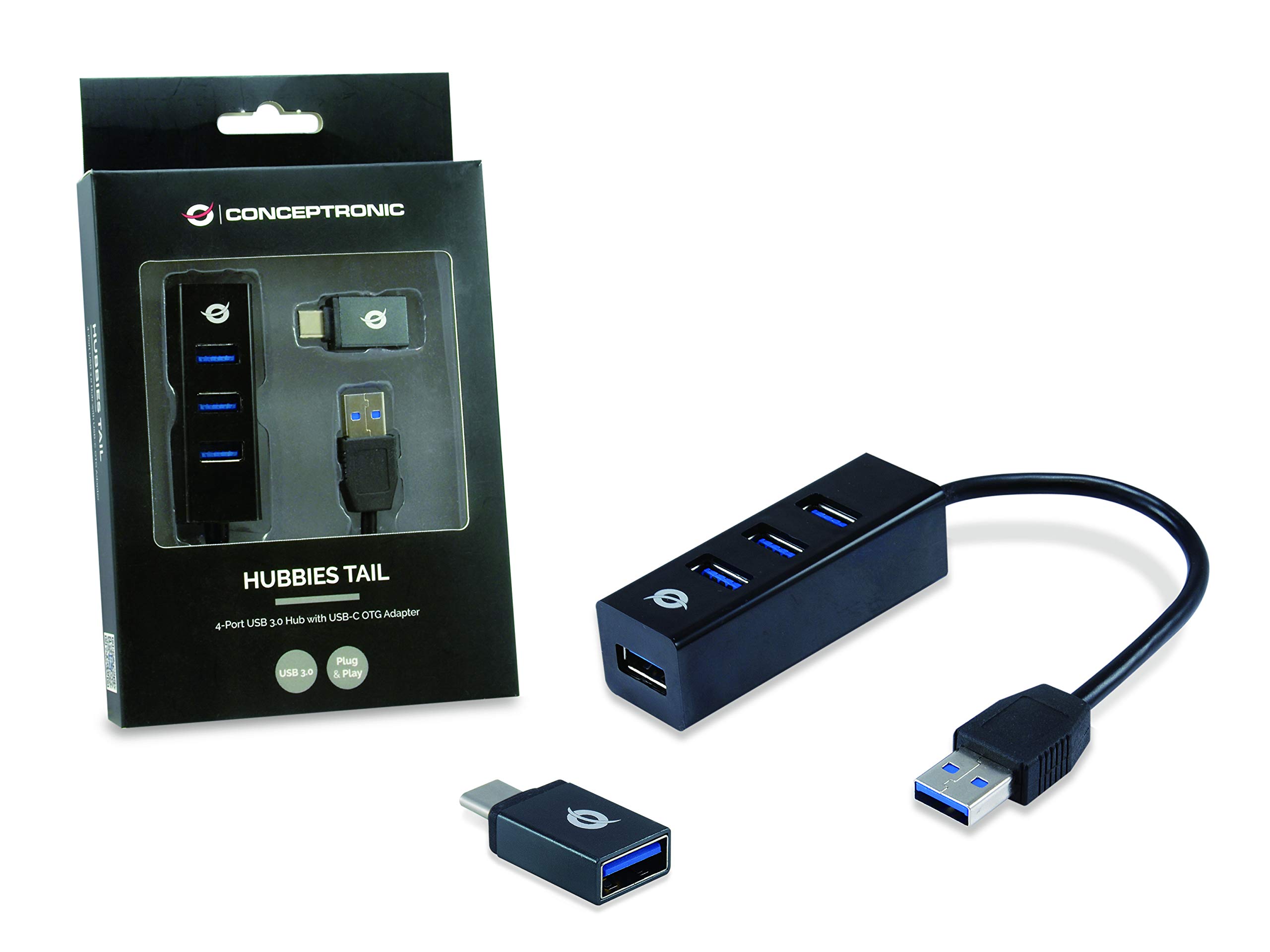 Conceptronic HUBBIES04B 4-Port USB 3.0 Hub and OTG Adapter for USB-C