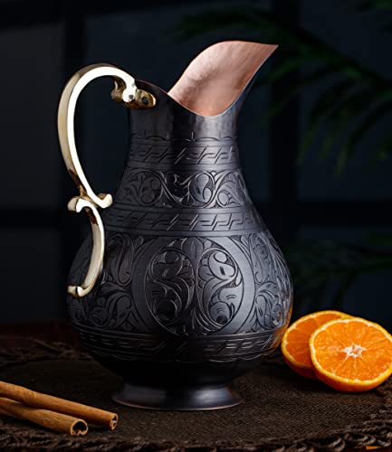 DEMMEX The Pitcher, 1mm Solid Copper Handmade Engraved Copper Pitcher Vessel Ayurveda Jug for Drinking Water, Moscow Mule, Cocktail (Antiqued-Engraved)