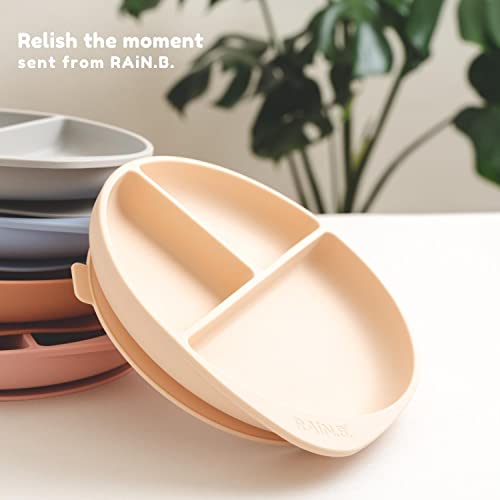 RAiN.B. MellowMate Pure Platinum Silicone Suction Plate for Baby & Toddlers|Divided Baby Dish with 3 Compartments|BPA-Free Non-Slip Baby Eating Supplies|Microwave & Dishwasher Safe – Cloudy Grey