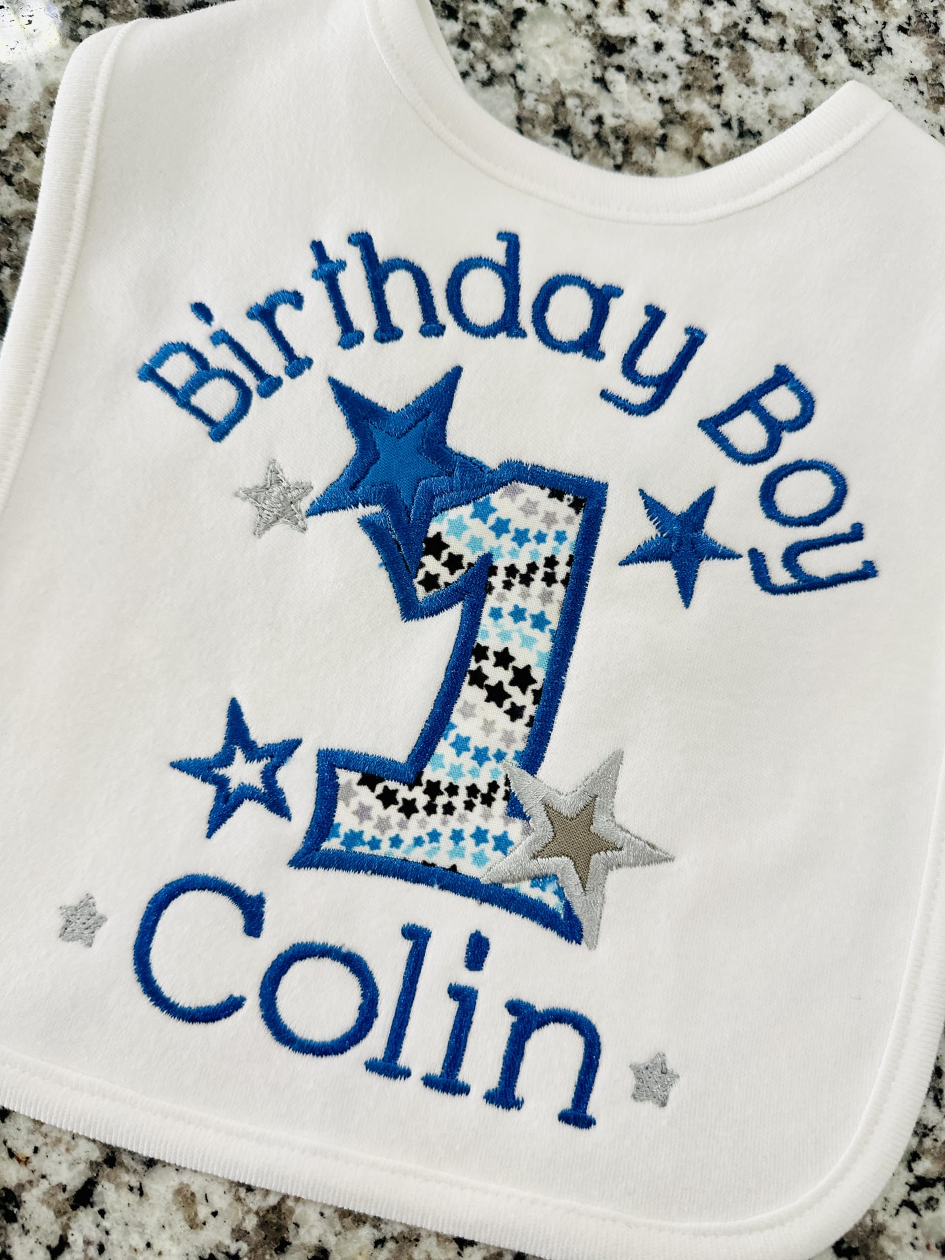 Fantasy Kids Designs First Birthday Boy Bib Smash Bib for Baby Boy Personalized with Custom Name (White Bib/Royal Blue)