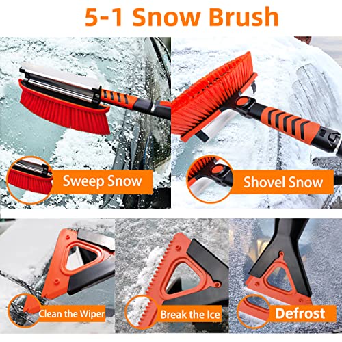 43.3" Car Snow Brush Ice Scraper Extendable for Windshield 5 in 1 Snow Scrapers Removal Shovel with Squeegee Foam Grip 360° Pivoting Brush Head for Car Truck SUV
