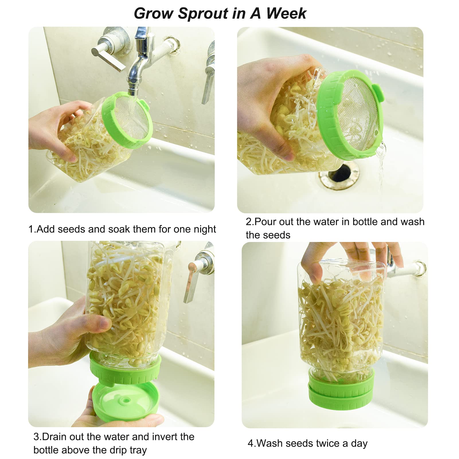 3 Set Sprouting Lids- Mason Jar Strainer Lid Sprout Maker Lids with Stainless Steel Screen Germination Kit Seed Sprout Jar Lids with Drip Tray for Regular Wide Mouth Mason Jars(Bottle Not Include)