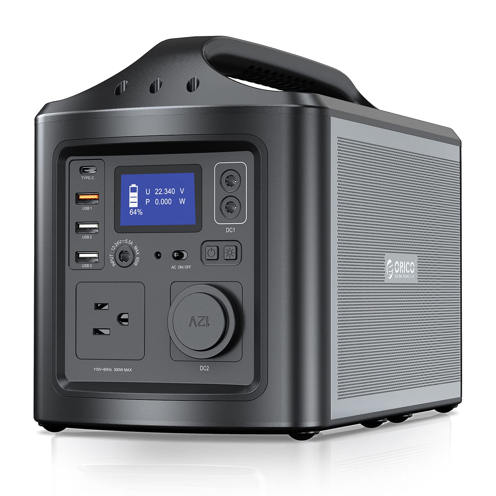 300W Portable Power Station,ORICO Aluminum 461Wh/124800mAh Solar Generator Pure Sine Wave Lithium Battery Pack with PD 60W /1AC/3USB/2DC/Car Charger Ports for Outdoors Camping Travel Emergency