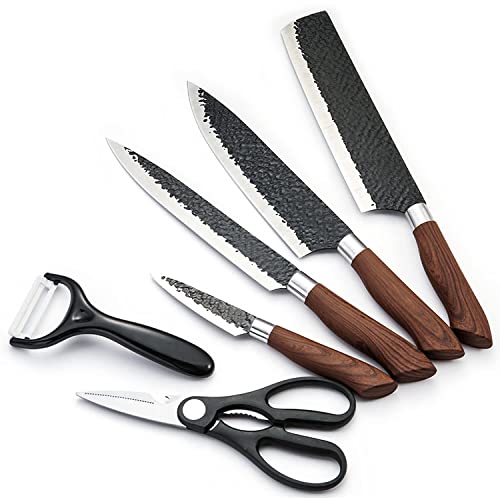 Vivid Cookware Stainless Steel Knives Set, 6 Pcs High Carbon Non Stick Large Blade Knife Block Set | 8" Chef Knife - 8" Carving knife - 8" Small Cleaver - 3.5" Paring Knife - Scissors - Ceramic Peeler