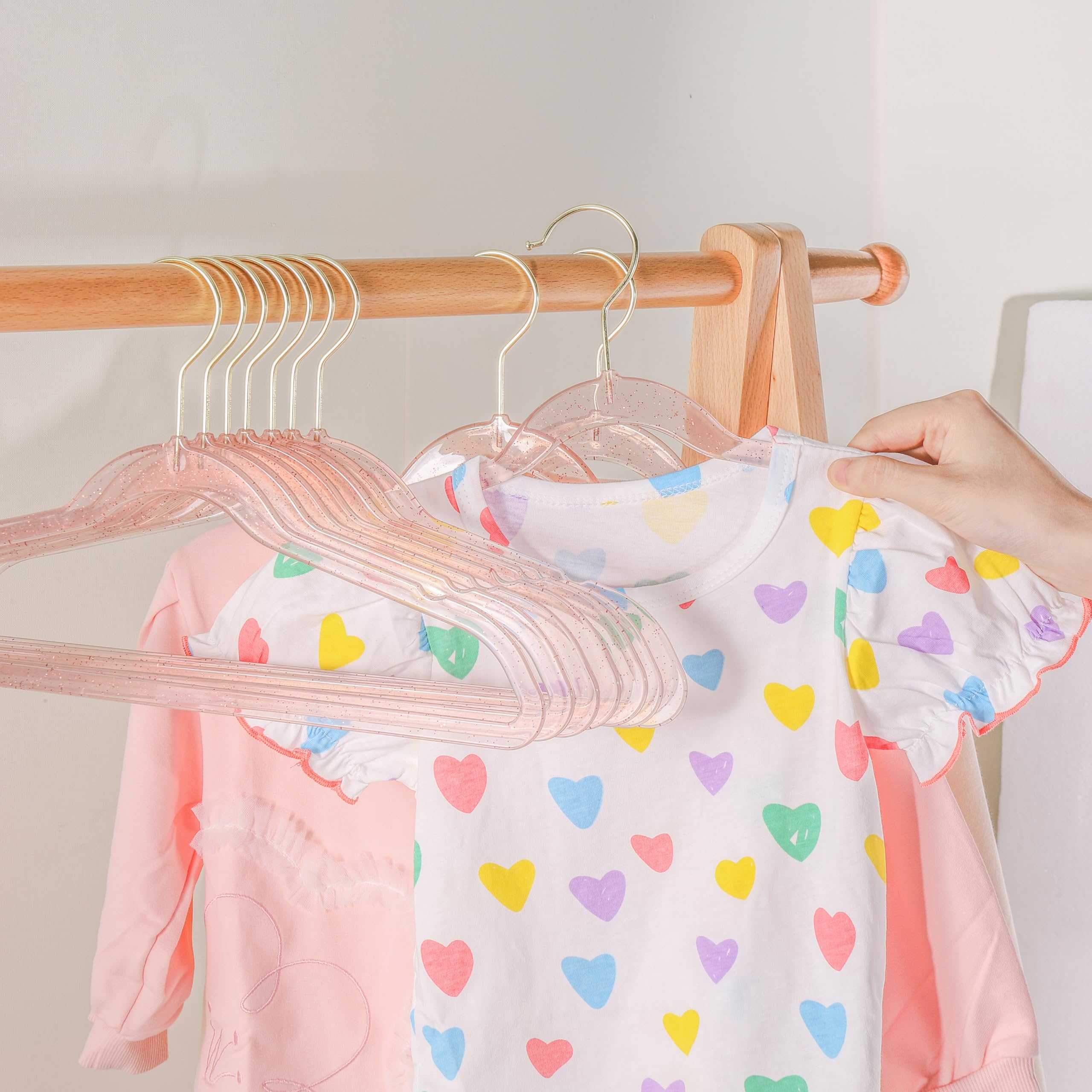 20 Pcs Baby Glitter Clothes Hangers, Kids Gold Plastic Sparkling Hangers for Closets, Non-Slip Space-Saving Suit Hangers(Pink)
