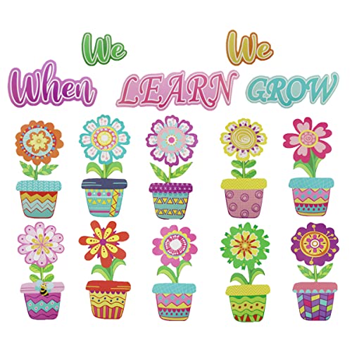 45Pcs Colorful Spring Cut-Outs Summer Flowers Potted Cut Outs with 100Pcs Glue Points When We Learn We Grow Paper Cut-Outs Bulletin Board Decoration for School Classroom Game Party Supplies