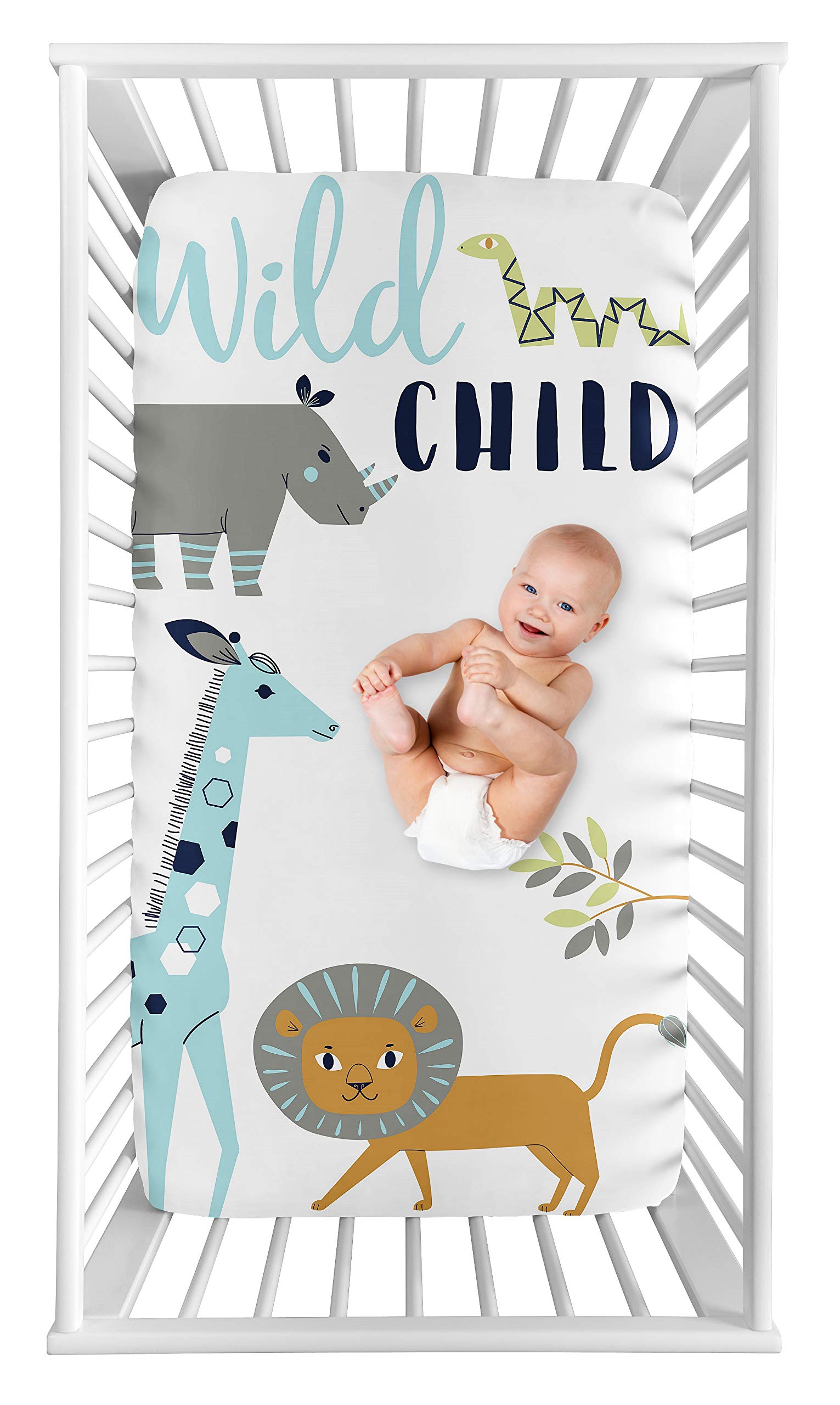 Sweet Jojo Designs Safari Animals Boy Fitted Crib Sheet Baby or Toddler Bed Nursery Photo Op - Turquoise and Navy Blue Mod Jungle Lion Giraffe