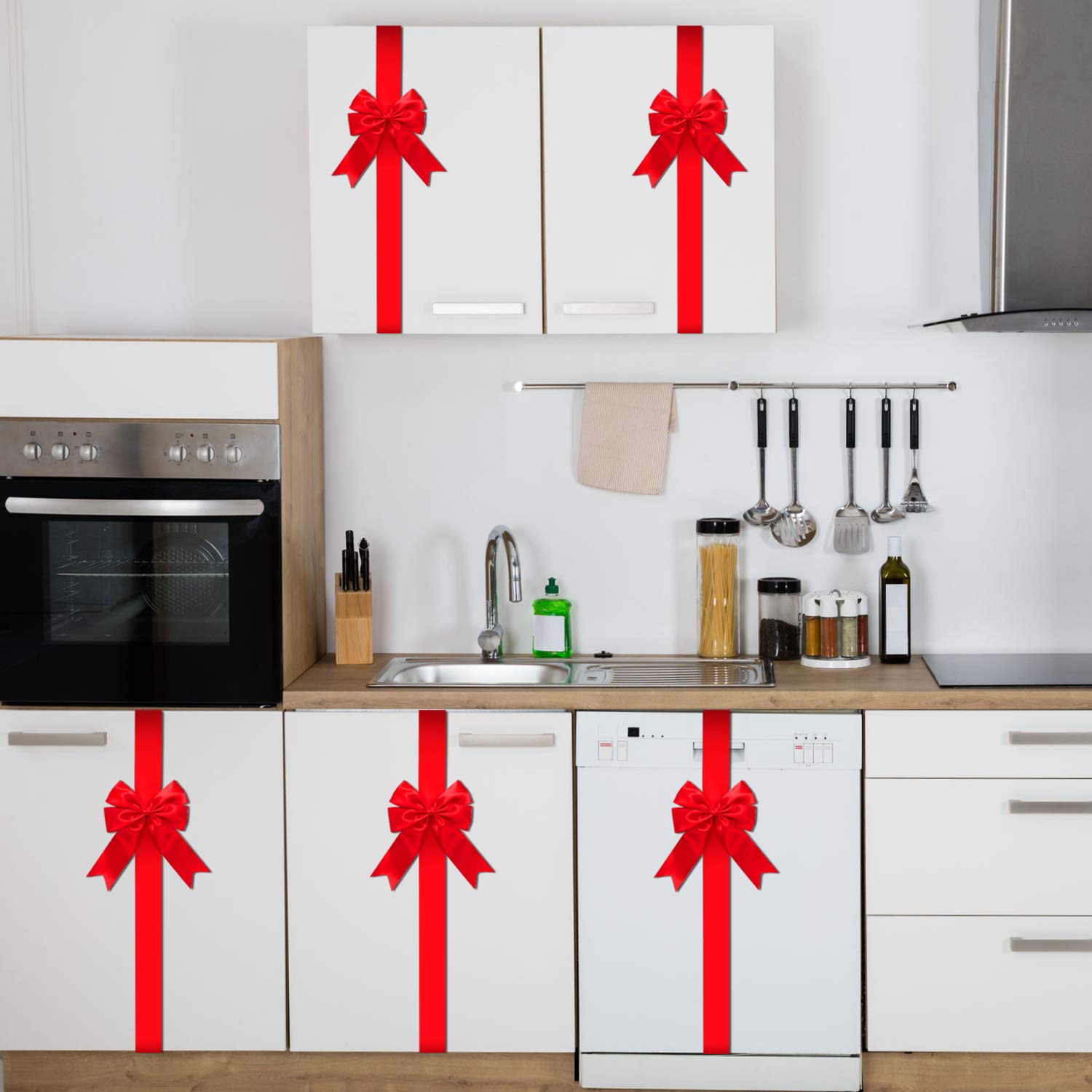 8 Pieces Christmas Cabinet Ribbons Bows Decorations Large Red Kitchen Cabinet Door Ribbons and Bows for Christmas Party Supplies