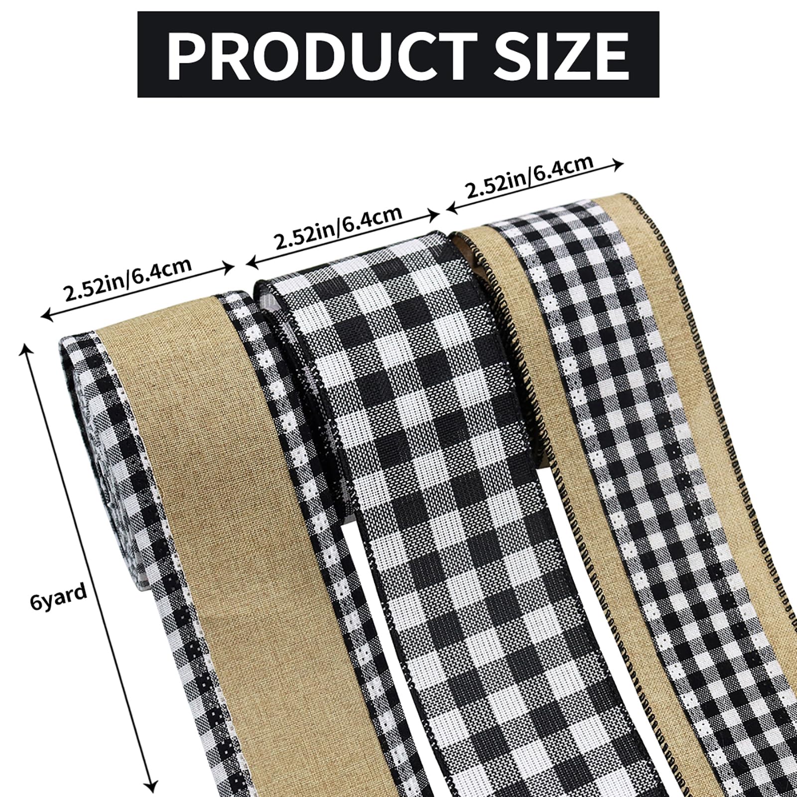 3 Rolls Buffalo Plaid Ribbons in All 18 Yards 2.5 inch Width Burlap Ribbon Christmas Checked Burlap Ribbon ,Black and White Checkered Ribbon ,for Crafts DIY Garland,Bows Crafts Decoration