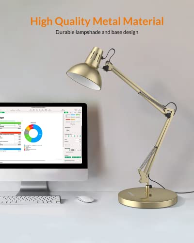 LEPOWER Metal Desk Lamp, Adjustable Goose Neck Architect Table Lamp with On/Off Switch, Swing Arm Desk Lamp with Clamp, Eye-Caring Reading Lamp for Bedroom, Study Room &Office (Brass)
