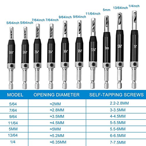 22Pcs Center Drill Bit Set,Self Centering Hinge Tapper Core Hole Puncher 5/64'' 7/64'' 9/64'' 11/64'' 13/64'' 5mm 1/4'' & 1 Pcs Hex Key & 10 Pcs Replacement Drill Bits +1 Center Punch