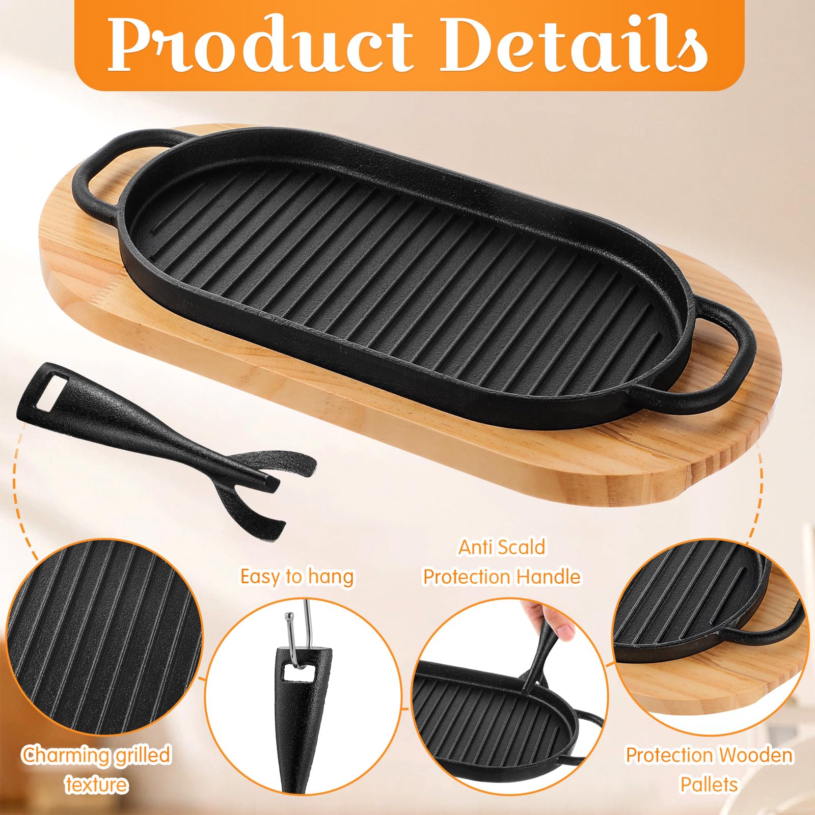 Yiyiring 2 Pcs Cast Iron Fajita Skillet Pan Set Sizzling Steak Plate with Wooden Base and Removable Handle Cast Iron Grill Frying Pan for Home Restaurant Kitchen Cooking (12 x 6.3 Inch)