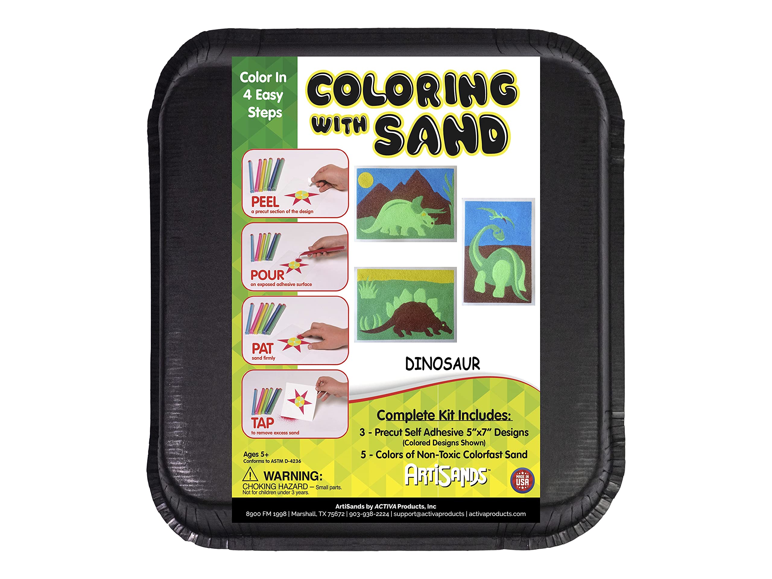 Activa ArtiSands Dinosaurs Sand Art Board Craft Kit, 3 Designs & 5 Sand Colors | No Scissors, No Glue, No Mess!