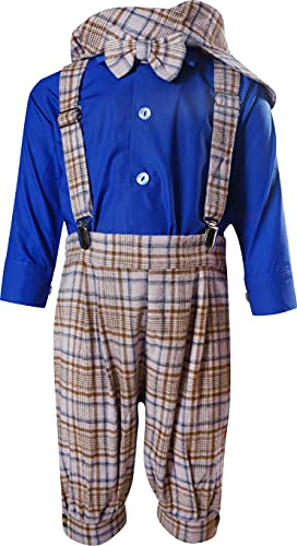 Toddler Boys Gentleman Ring Bearer Photo Formal Wear Vintage Knicker Suspender Bowtie Suit 5-pc Set Navy/Beige Plaid 4-5T