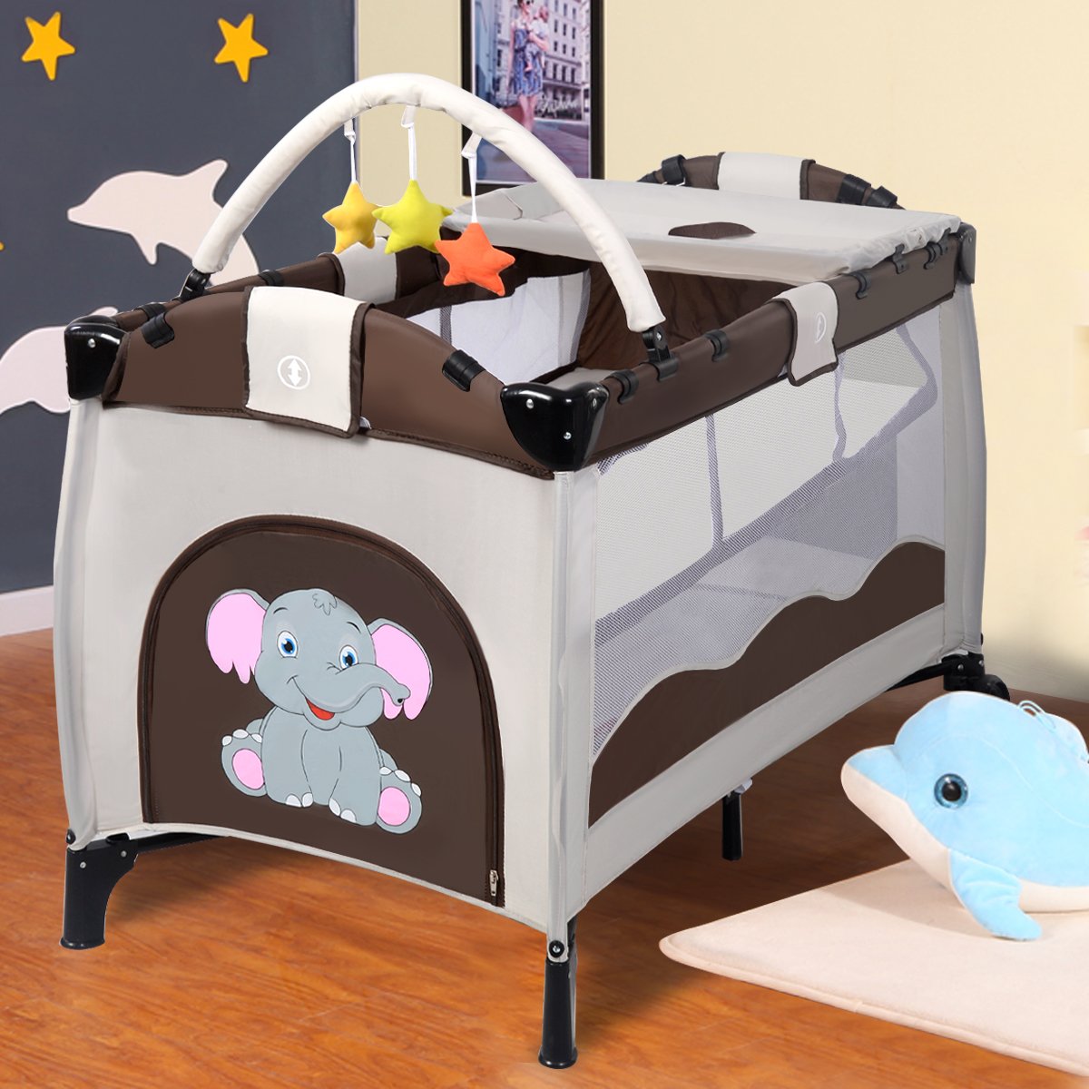 BABY JOY 3 in 1 Pack and Play, Portable Playard with Hanging Toys, 2 Lockable Wheels Diaper Changing Table, Foldable Travel Bassinet Bed (Coffee)