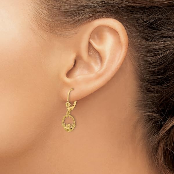 14K Yellow Gold Heart Love Irish Claddagh Celtic Circle Round Drop Dangle Earrings Jewelry