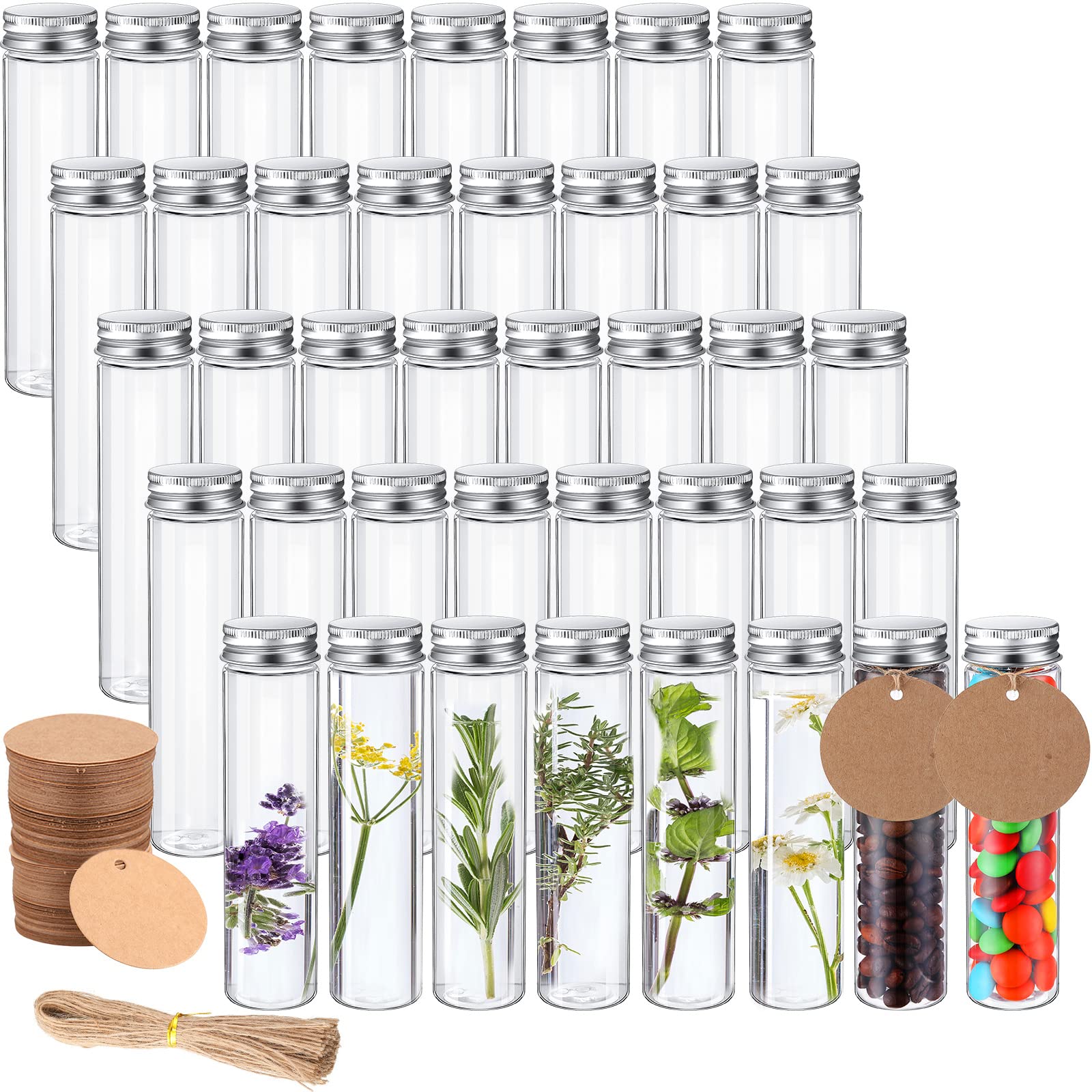 40 Pcs 110 ml Plastic Test Tubes with Lids Candy Tubes Fillable Party Favor 5.5 x 1.3 Inch Clear Tube Container and 100 Kraft Circle Tag and 100 Twine for Scientific Experiment, Candy Storage, Plant