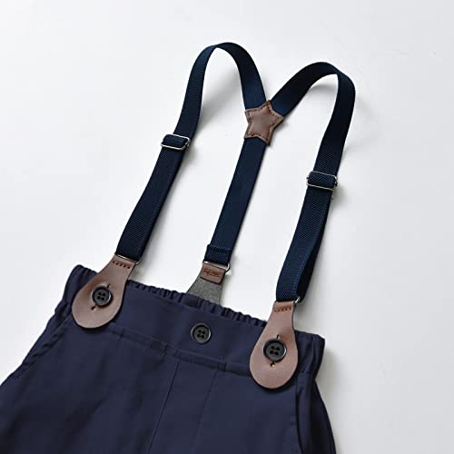 Joe Wenko Baby Boys Clothes Pants Set, Long Sleeve Dress Shirts with Bowtie and Suspender Pants Outfit Navy, 18-24 Months