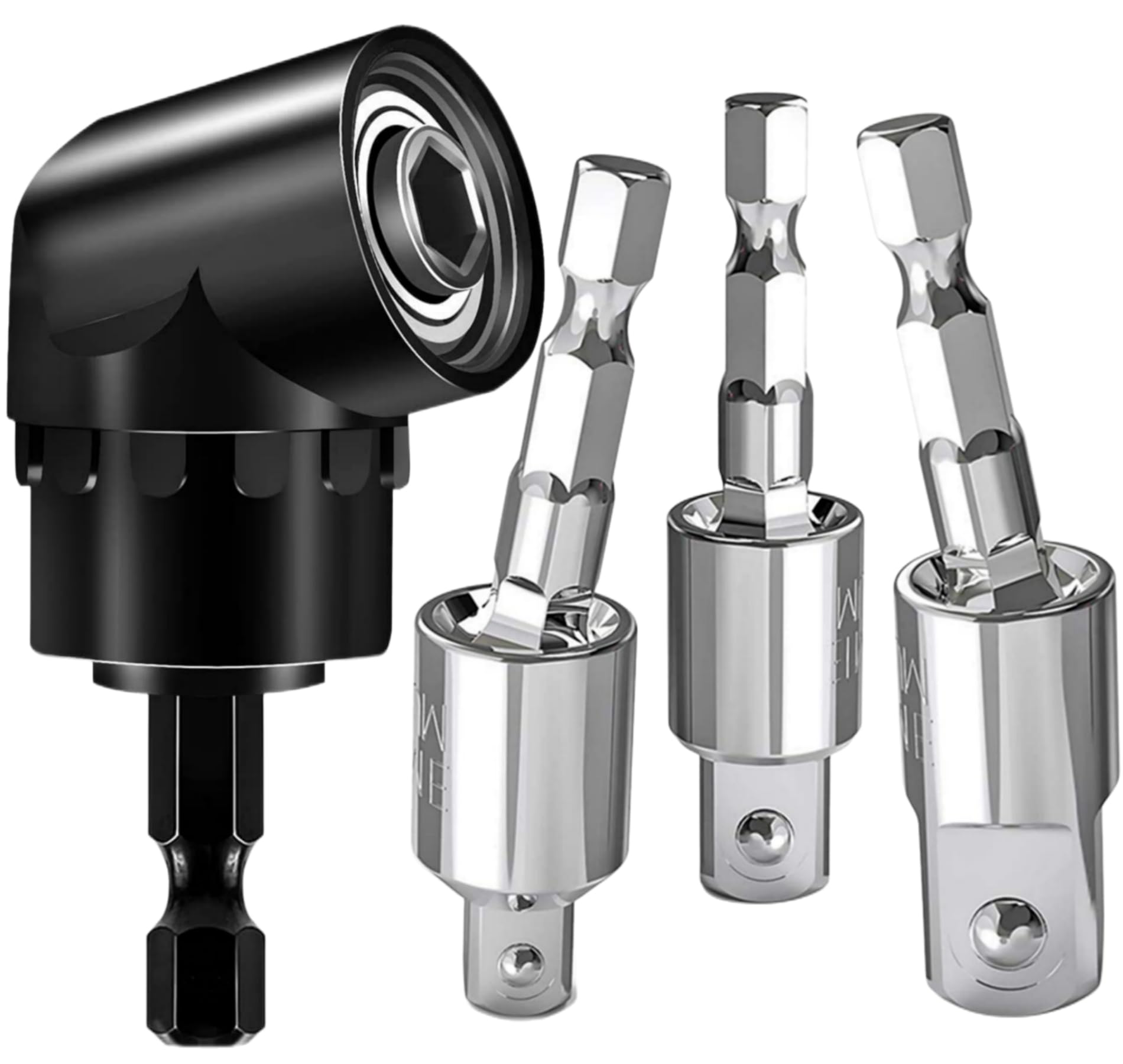 3 Pcs Power Drill Sockets Adapter Sets,360°Rotatable Hex Shank Impact Driver Socket Adapter 1/4" 3/8" 1/2" Impact Driver Adapter and 1Pcs Right Angle Drill 105 Degree Right Angle Screwdriver set Drill