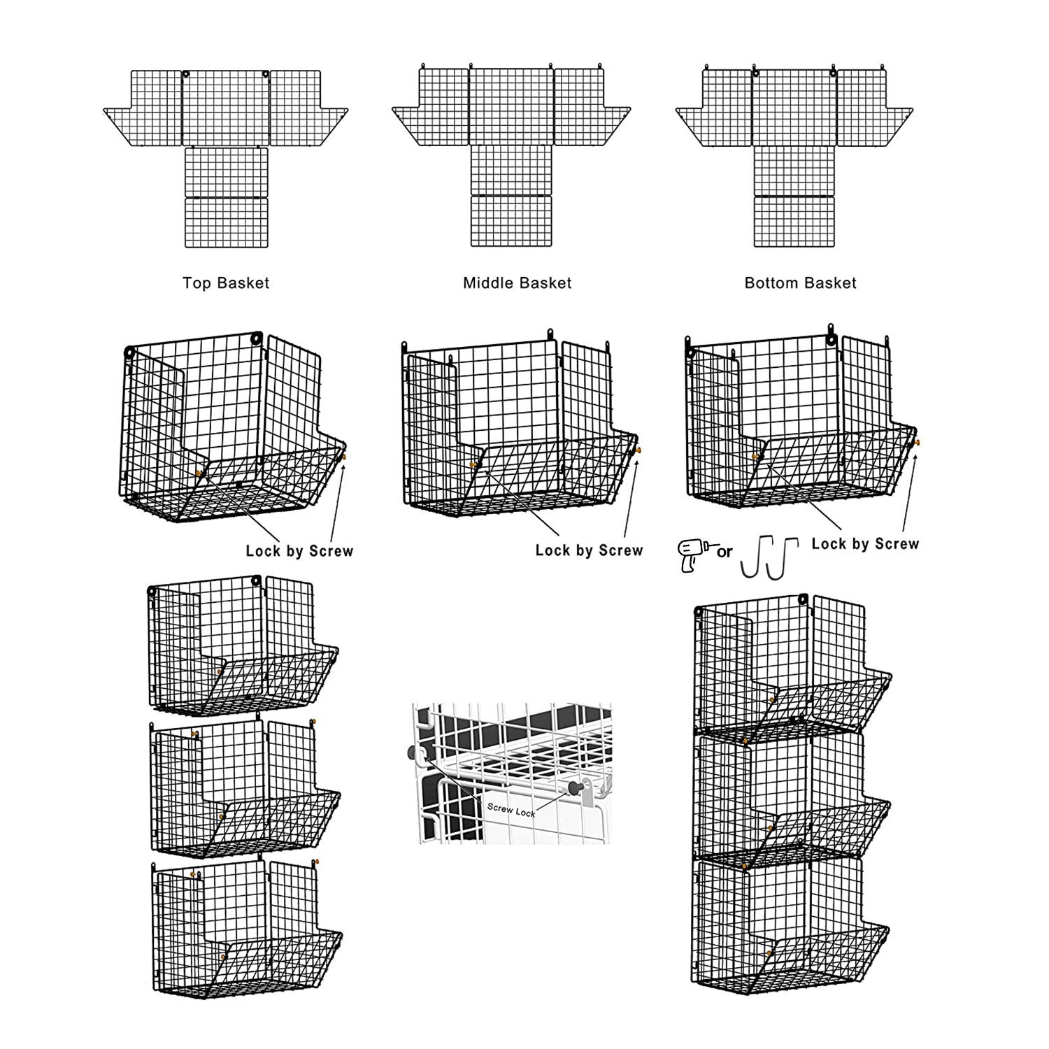 3-Tier Wall Mounted Storage Basket Foldable Organizer, Hanging Metal Wire Basket with Chalkboards, Kitchen Fruit Produce Pantry Bathroom Laundry Organization Office Garage Storage, Black