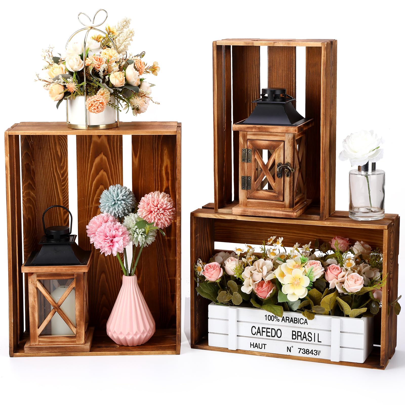 CroBlissful Set of 3 Decorative Wood Crates for Display Nesting Wooden Storage Crate Box with Handle Rustic Storage Container for Wedding Vintage Decor Display Party Decoration(Rustic Brown)