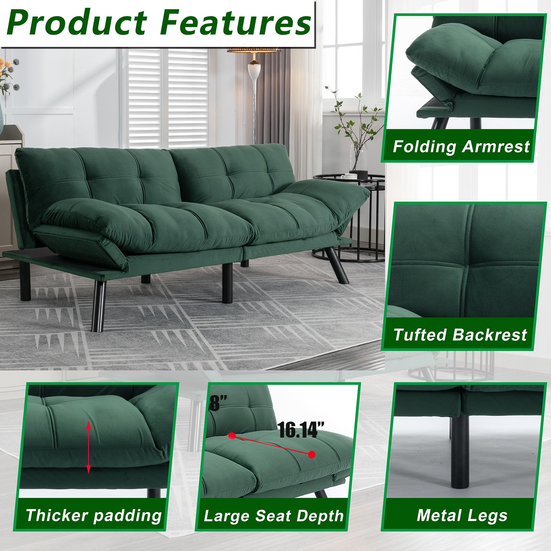 70β Modern Velvet Futon Couch Sleeper,Convertible Sleeper Sofa Bed with Adjustable Backrests and Folding Armrest for Living Room Bedroom Office Apartment,Split Back,Mattress Included (Green)
