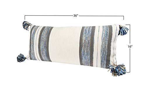 Creative Co-Op Blue, Grey & Cream Striped Cotton Blend Lumbar Tassels Pillows, 1 Count (Pack of 1)