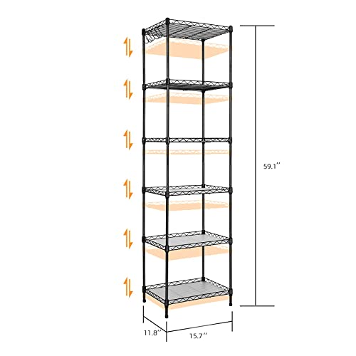 Best 6-Tier Wire Shelving - Black - Heavy Duty Shelf - Kitchen Storage Shelves, Wire Shelving Unit with Baskets Storage Rack Corner Shelf Shelving Adjustable Storage Shelf, 11.8" D x 15.7" W x 59" H