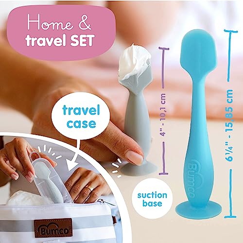 Bumco 2-PACK Diaper Cream Spatula - FULL-SIZE + MINI Baby Bum Brush with TRAVEL CASE - Diaper Cream Applicator for Baby - Baby Necessities - Suitable for Aquaphor, Desitin - Blue & Gray