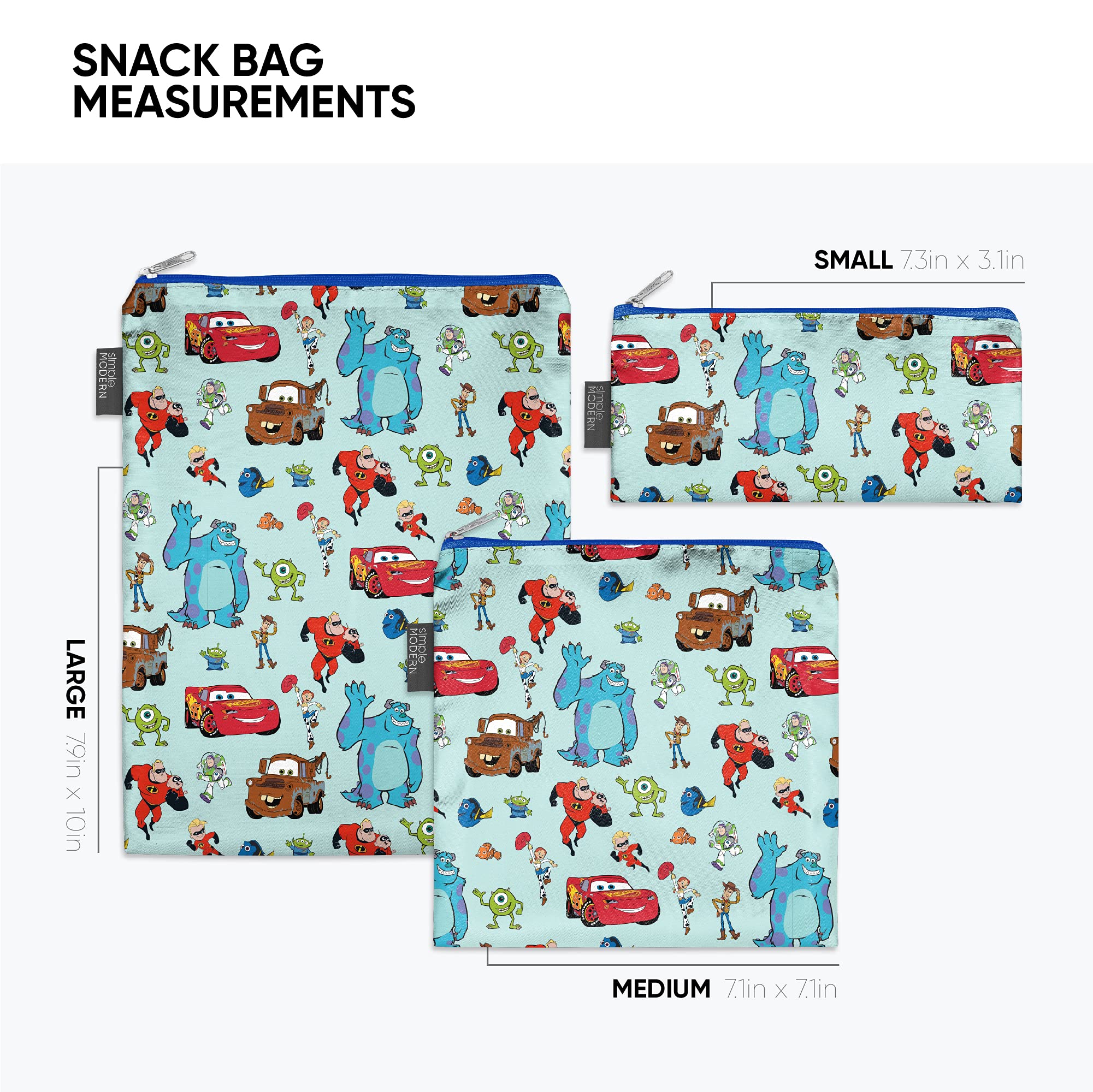 Simple Modern Disney Pixar Reusable Snack Bags for Kids, Boys | Food Safe, BPA Free, Phthalate Free, Polyester Zip Pouches | Washable & Refillable Sandwich Bag | Ellie Collection | 3 pack | Pixar Pals