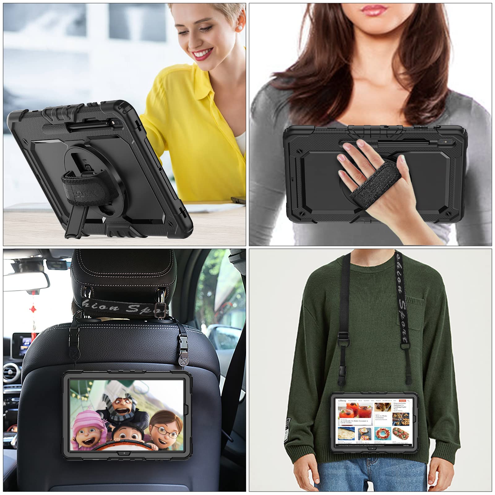 SEYMAC stock Case for Samsung Galaxy Tab S7 FE / S8 Plus 5G Case 12.4'' with Screen Protector Pencil Holder [360 Rotating Hand Strap] &Stand, Drop-Proof, Black