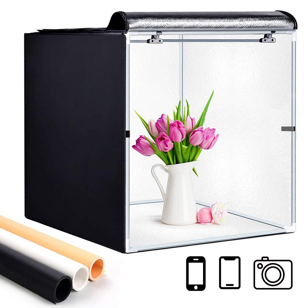 Lightbox, GLZ 24x24 Inch Photo Studio Light Box Shooting Tent Kit with Dimmable and Movable LED Lights, Carry Bag and 3 Color backdrops for Photoshoot (White Black Orange)