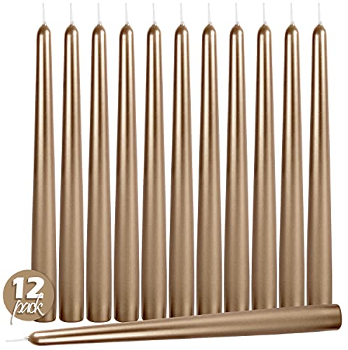 Hyoola Tall Metallic Antique Gold Taper Candles - 12 Inch - Dripless - 12 Pack - 10 Hour Burn Time