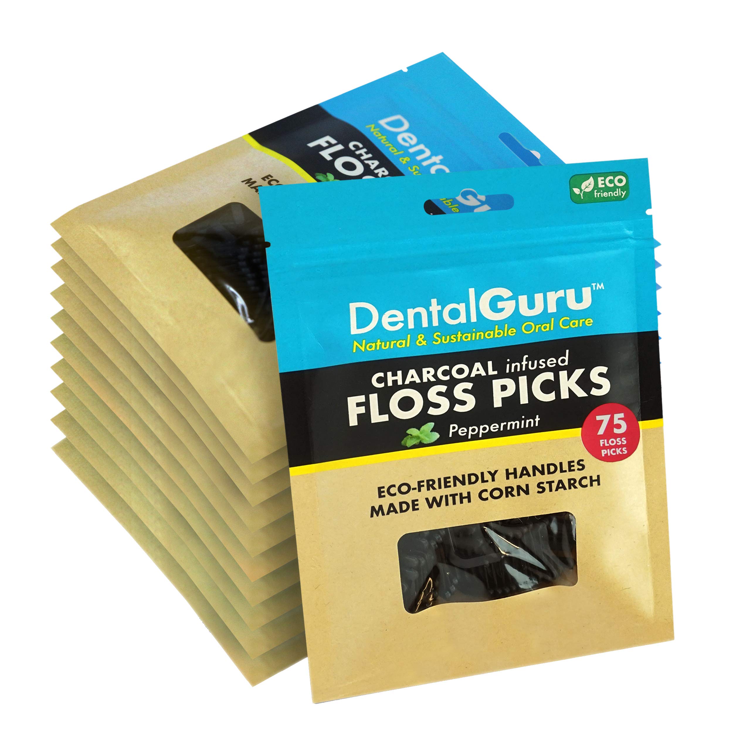 Dental Guru Charcoal Dental Floss Picks - Refreshing Peppermint Flavor - Biodegradable Handles for Sustainable Oral Care - Removes Plaque, Tartar & Prevents Bad Breath - Pack of 12 (75 Count/Pack)