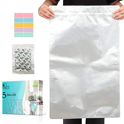 5 Gallon Mylar Bags with 2500CC Oxygen Absorbers and Labels, Zipper Resealable Pouches Heat Sealable Bags for Long Term Food Storage (20 pcs)