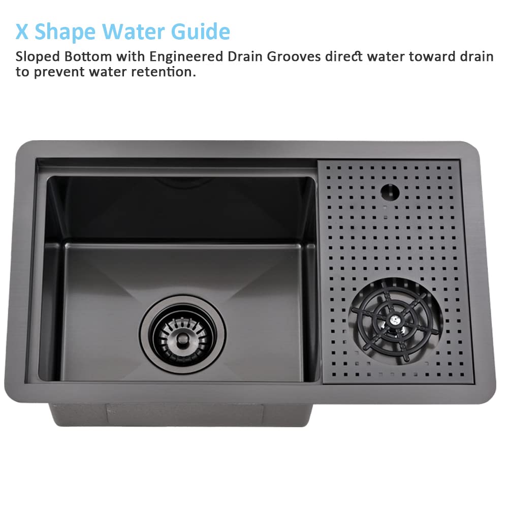 23 Inch Black Undermount Bar Sink with Glass Rinser-Bokaiya 23x14 Black Stainless Steel Undermount Workstation Sink Bar Prep Sink 16 Gauge Single Bowl Undermount Kitchen Sink with Cup Washer