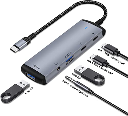 5 IN 1 USB C to 3.5mm Headphone and Charger Adapter, USB C Hub OTG USB 3.0 Data Adapter PD 60W Charger Fit with iPad Pro/iPad Air Mini/Macbook Pro/Air, Galaxy S23 S22 Note 20 Ultra, Pixel 7 6 Pro