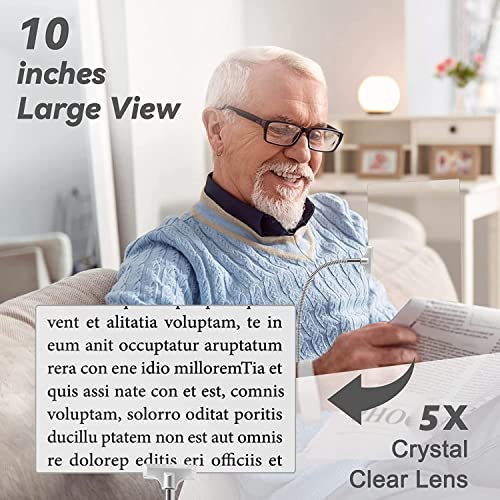 5X Magnifiers with Stand, 10"x6" Flexible Gooseneck Full Book Page Magnifying, Large Book Page Magnifier for Reading Small Prints & Low Vision Seniors with Aging Eyes, Sliver