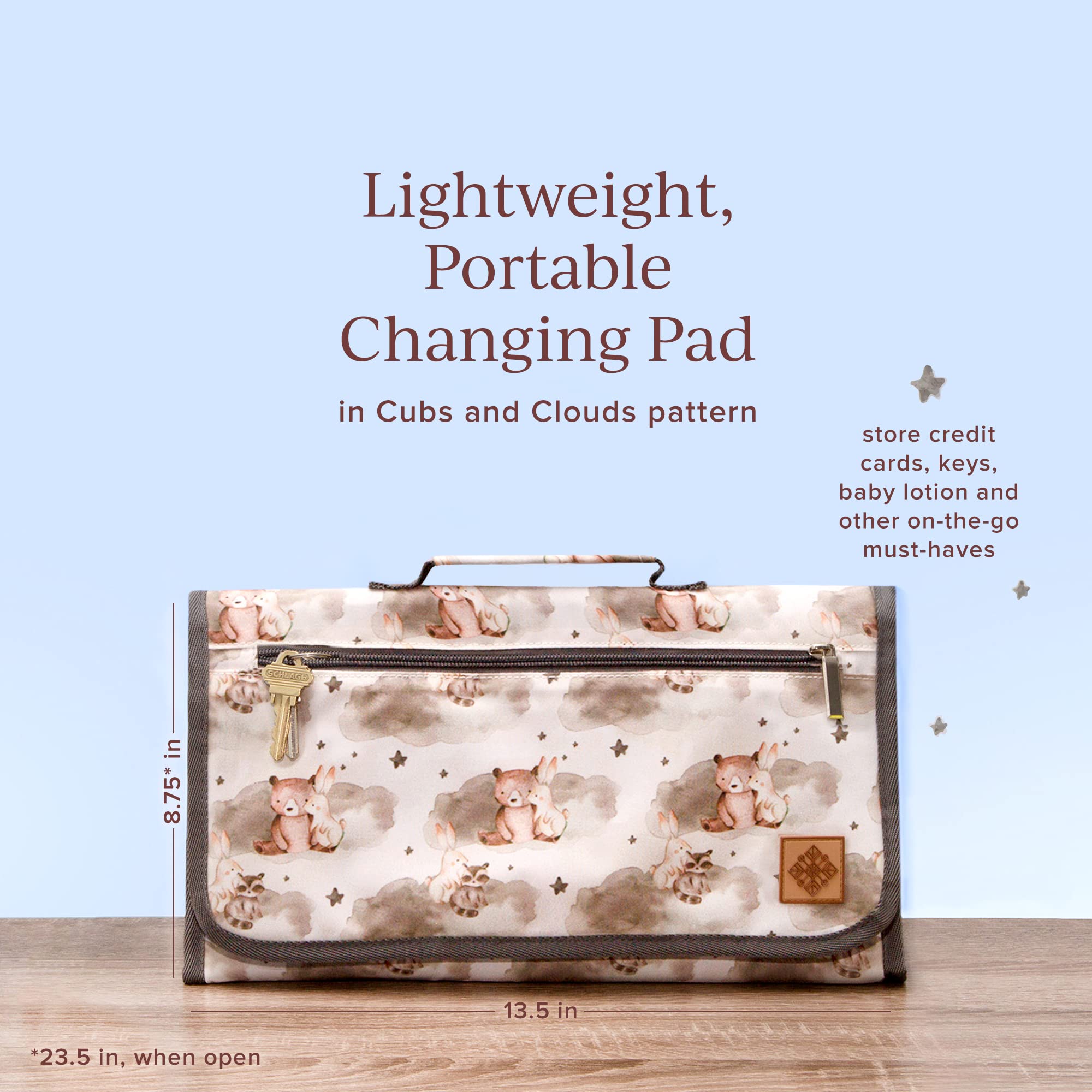 Portable Diaper Changing Pad by Candid Goods, Baby Changing Pad, Diaper Bag or Changing Table Pad with Smart Wipes Pocket, Lightweight & Waterproof Travel Changing Mat for Newborns (Cubs & Clouds)