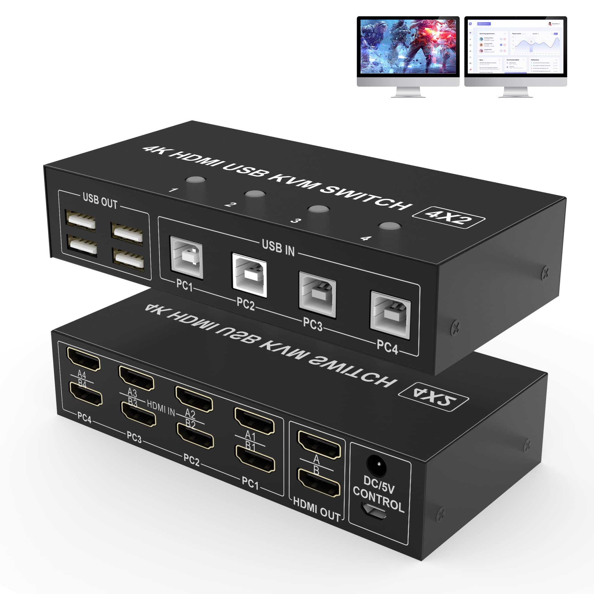 4 Port HDMI KVM Switch Dual Monitor - 4K@60Hz Extended Display 2 Monitors 4 Computers KVM Switch HDMI 4 in 2 Out - Monitor Keyboard Mouse Switcher with 4 USB Cables USB Power Cord Controller