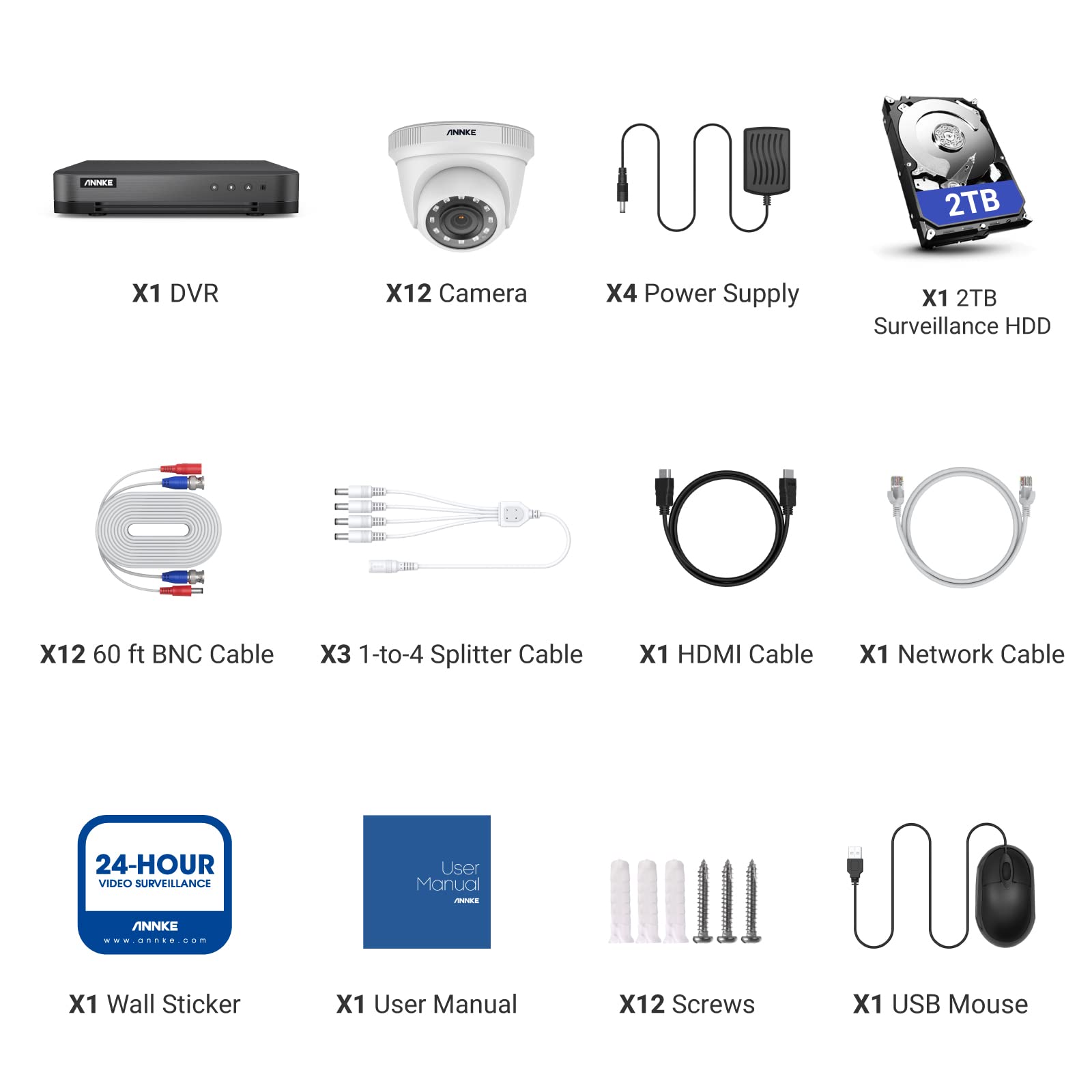 ANNKE 16 Channel 1080P Lite Video Security System DVR with 2TB Hard Drive and (12) HD 1080P Indoor Outdoor Cameras with IP66 Weatherproof Housing, 100ft Super Night Vision