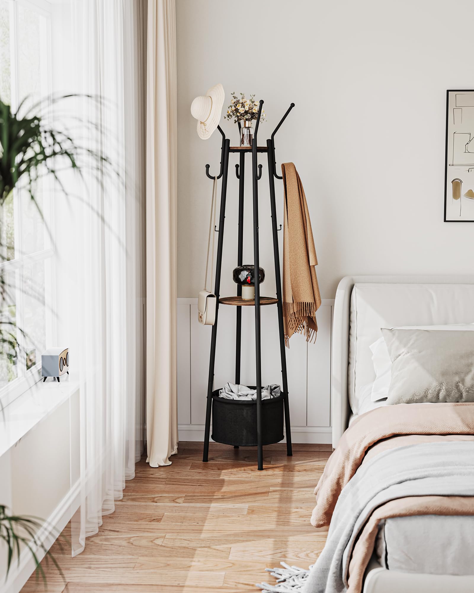 Hzuaneri Coat Rack Freestanding, Coat Rack Stand with 12 Hooks, Coat Tree, Coat Racks Coat Hanger Stand with 2 Shelves and Storage Basket, Hall Tree for Entrance, Hallway, Black CR24701B