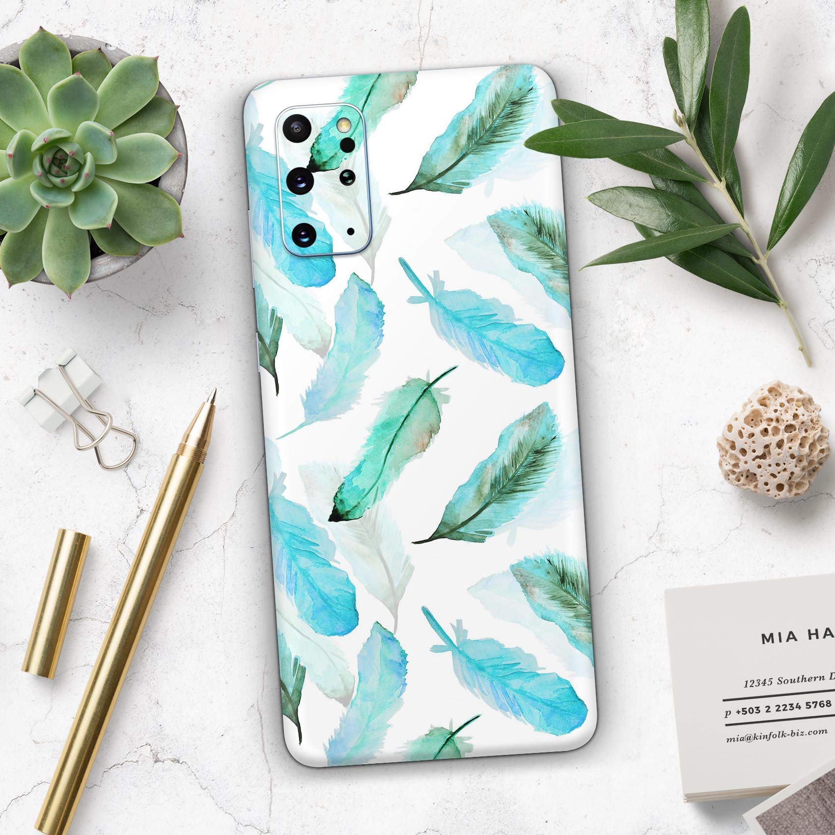 DesignSkinz Feathery Watercolor Protective Vinyl Decal Wrap Skin Cover Compatible with The Samsung Galaxy S20 (Screen Trim & Back Glass Skin)