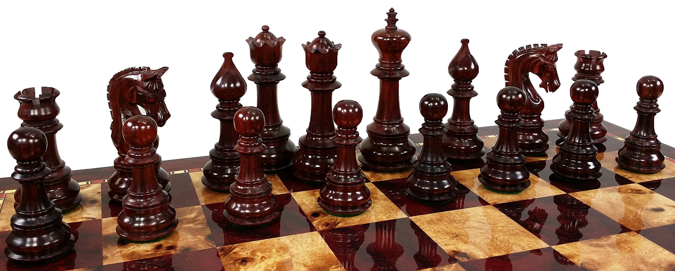 4 Queens - Large 4 3/8" King Staunton Luxury Bud Rosewood Chess Men Set W/ 20" Cherry Color Storage Board