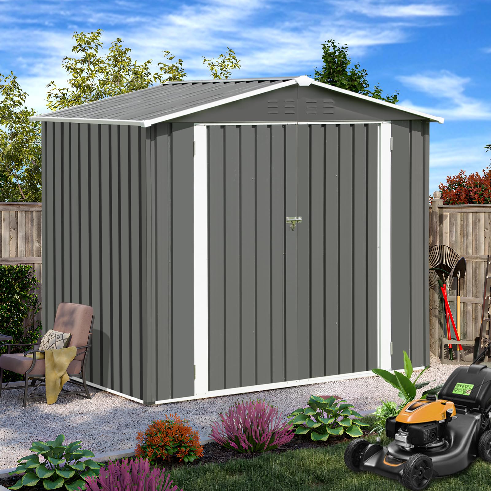 Udekoo Outdoor Storage Shed Metal 4.2x7 FT, Portable Utility Tool Outside Shed Box Waterproof Large Shed House for Patio Backyard Garden, Grey