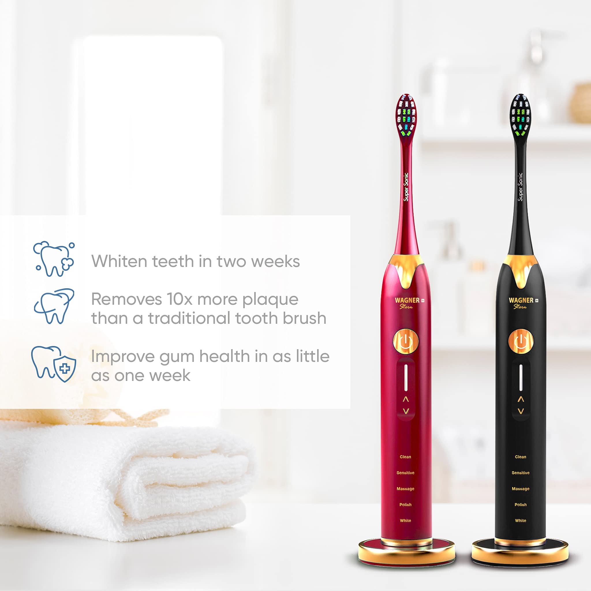 Wagner Stern. Duette Series. 2 Electric toothbrushes with Pressure Sensor. 5 Brushing Modes and 4 Intensity Levels, 10 Dupont Bristles, 2 Premium Travel Cases. (Burgundy/Black)